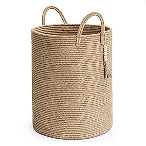 Goodpick Tall Wicker Laundry Basket with Handles, Boho Decorative Storage Basket for Living Room, Bedroom, Entryway, Bathroom, Large Woven Blanket Basket for Pillows, Towels, Shoes, Jute, 16" x 20"