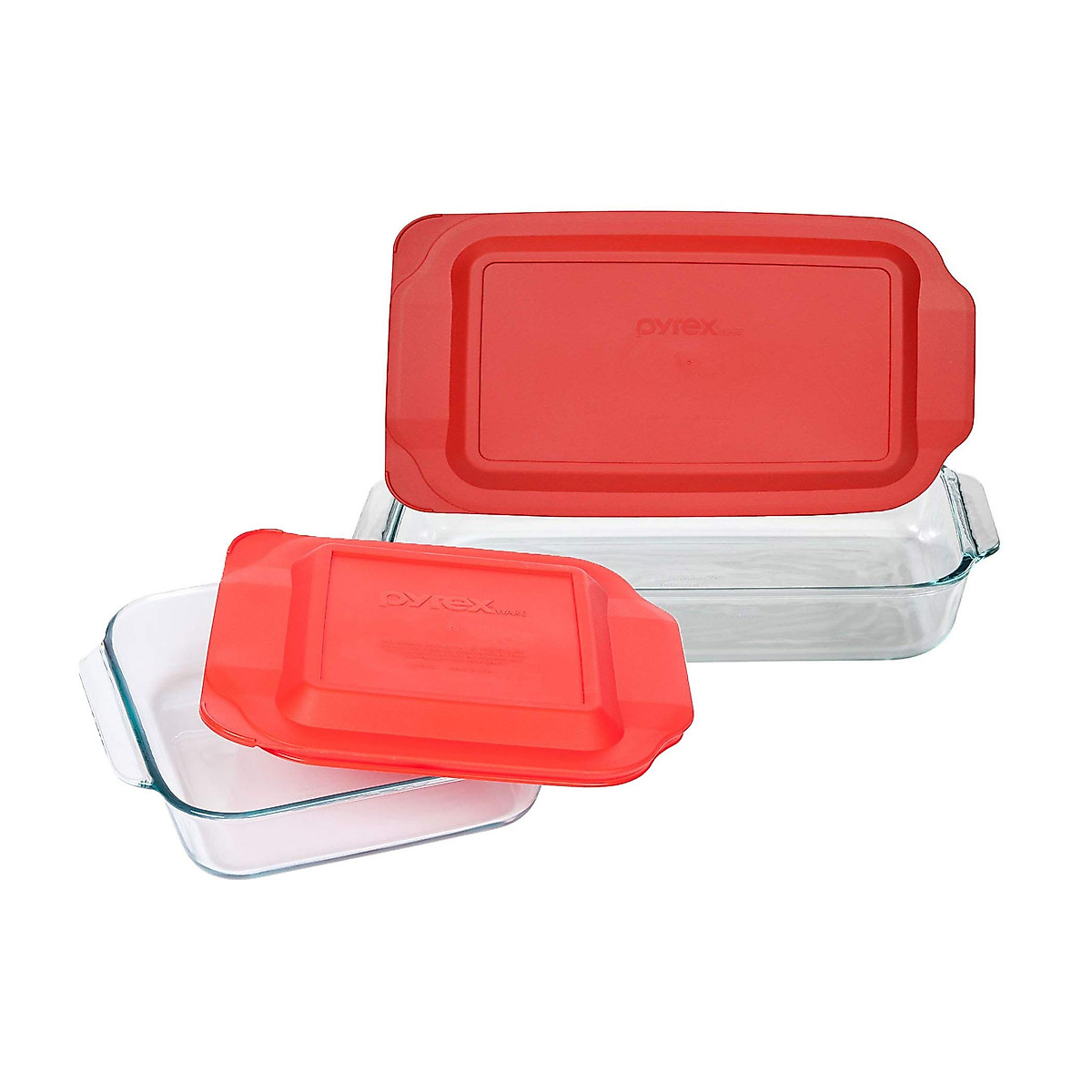Pyrex Bundle: (1) 222 Clear Glass Baking Dish, (1) 233 Clear Glass Baking Dish, (1) 222-PC Red Plastic Lid, (1) 233-PC Red Plastic Lid
