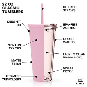 STRATA CUPS Classic Tumblers with Lids and Straws (8 pack) - 22oz Matte Pastel Colored Acrylic Tumblers with Lids and Straws, Double Wall Tumbler Bulk, Reusable Cup with Straw Cleaner (Pink)