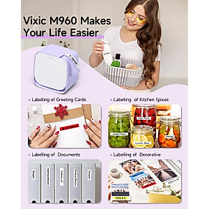 Vixic Bluetooth Label Maker Machine with Tape, Small Label Printer, M960 Label Sticker Portable Printer for 9mm, 12mm Label, Multiple Templates Font Icon for Office, Home, School, Purple