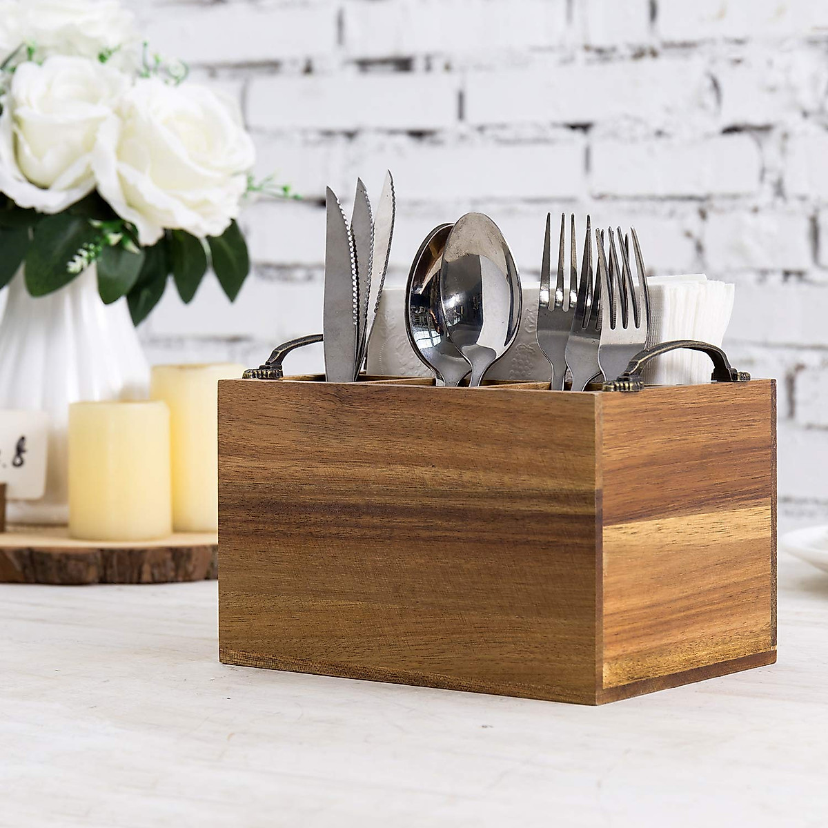 MyGift Premium Acacia Wood Dining Napkin Holder and Utensil Holder Buffet Caddy, Kitchen Flatware and Napkin Storage Organizer with Vintage Metal Handles