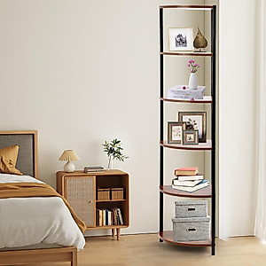 thksbought 6 Tier Corner Shelf,Display Shelf,Ladder Corner Wooden Storage Metal Frame Shelf,Multi-Functional Shelf Unit Wall Corner Shelf for Bedroom,Bathroom and Office Space (1,Dark Brown)