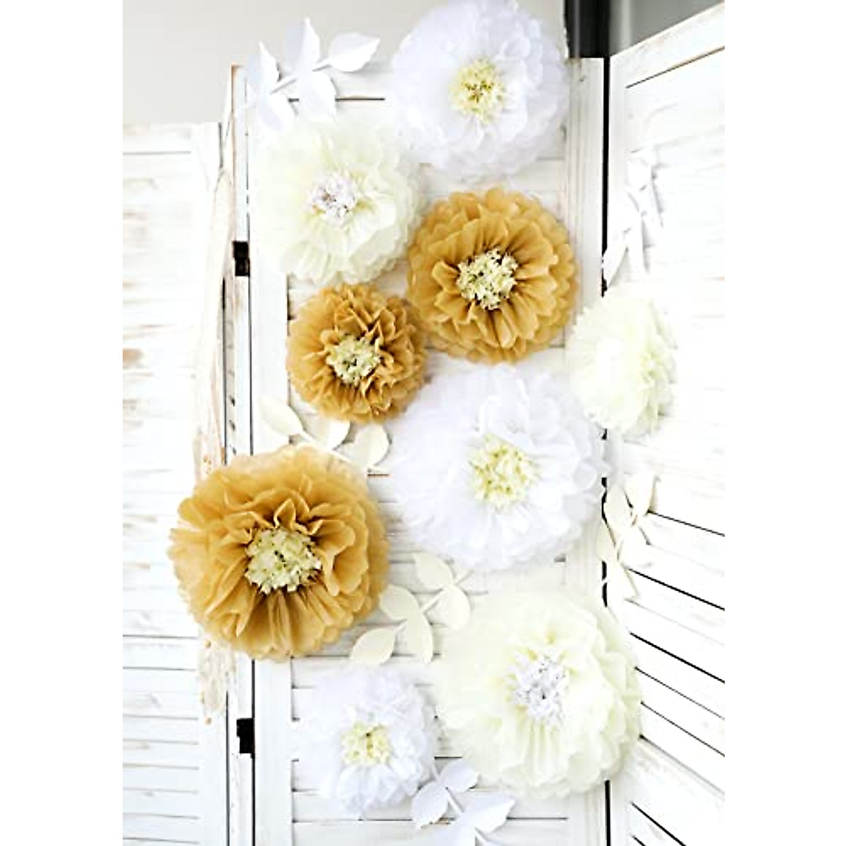 Fonder Mols Tissue Paper Chrysanth Flowers Paper Leaves DIY Crafting for Rustic Wedding Backdrop Baby Shower Nursery Decorations (Set of 15, Khaki Ivory White)