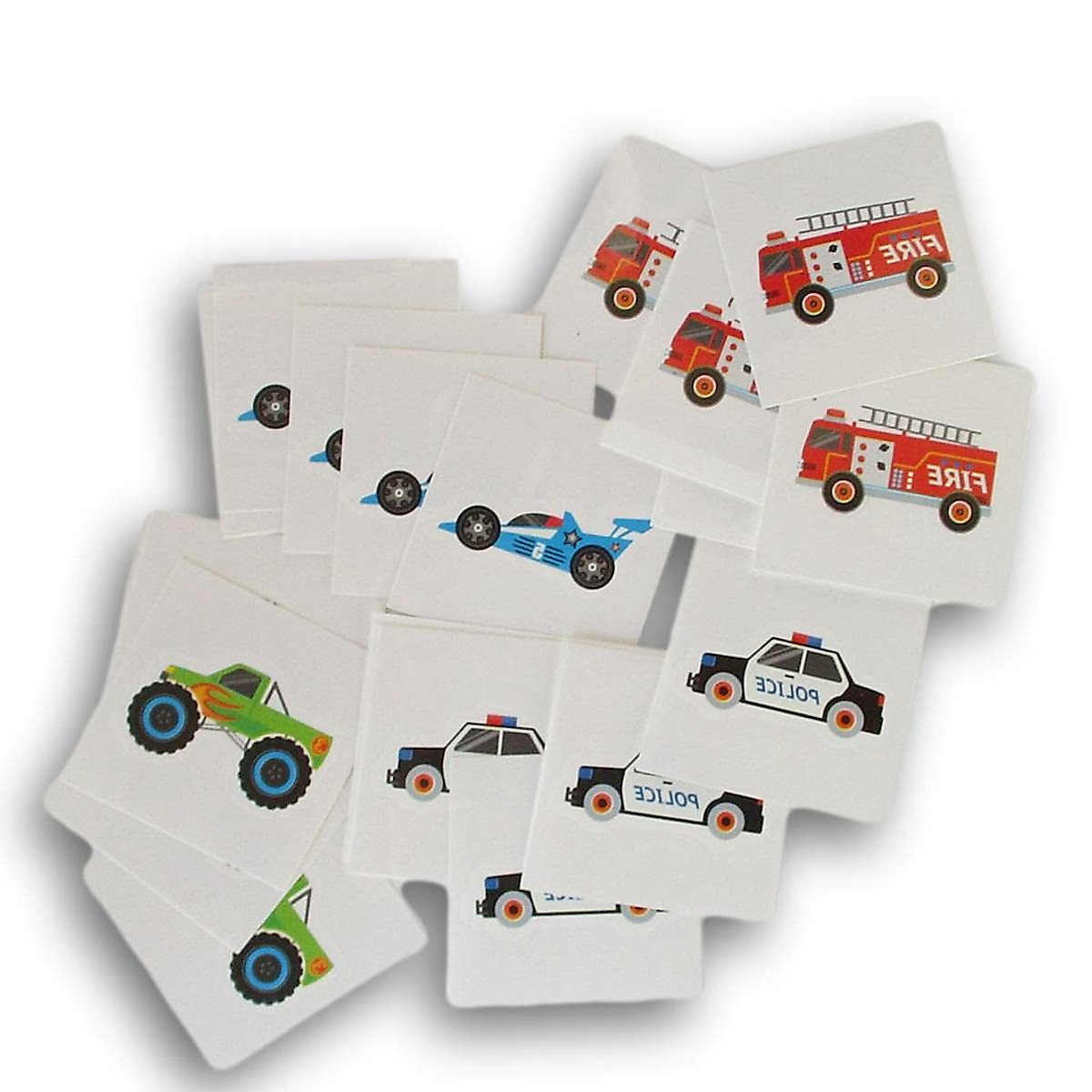 Party Supply Cars and Trucks Party Favors - Temporary Tattoos - Monster Truck, Racecar, Fire Truck, Police Car - 24 Cute Square Tattoos