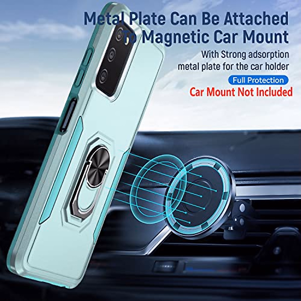 Circlemalls Samsung A03S Case, Galaxy A03S Case, [NOT FIT A03 CORE] with [Tempered Glass Screen Protector Include] Military Grade 12 ft Drop Test Shockproof W/Ring Holder Kickstand Phone Cover-Teal