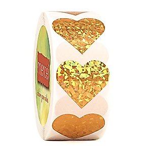 Mercei 1"(2.5cm) Gold Heart Stickers with Glitter Holographic Gravel Pattern, 500 pcs Sparkling Adhesive Heart Sticker Labels per Roll, Love Stickers for Personal and Business Use
