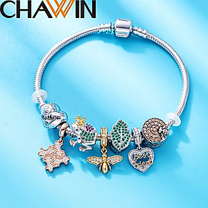 Sparkling Queen Bee Charms Gold Plated 925 Sterling Silver Dangle Charm Insects Nature Garden Beads with Clear CZ Compatible with Pandora Charms Bracelet Necklace Gifts for Women/Wife/Mother/Sister