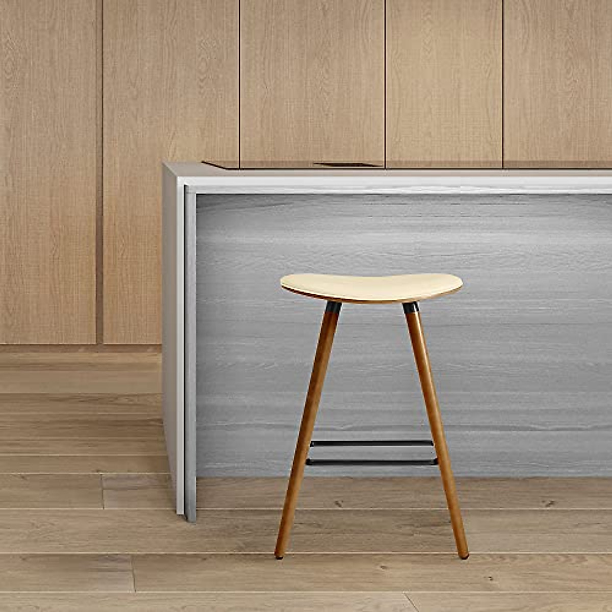 Armen Living Piper 26" Counter Height Backless Bar Stool in Cream Faux Leather and Walnut Wood