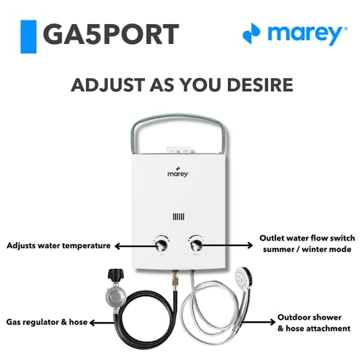 Marey GA5PORT Portable Propane Gas Tankless Water Heater, Small, White