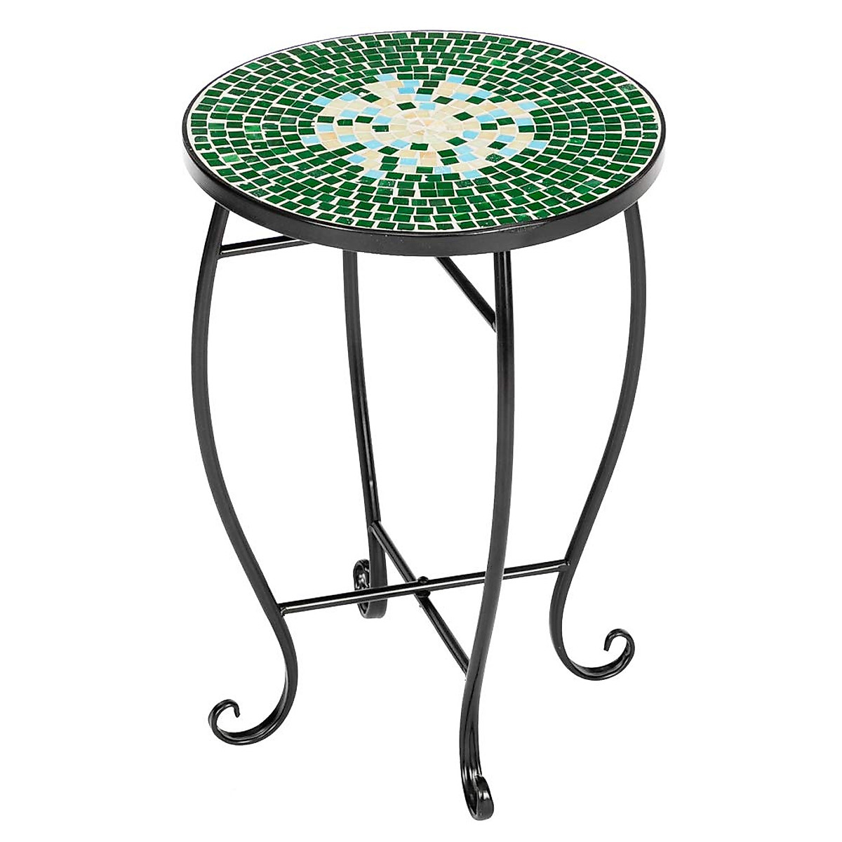 Outdoor Side Table, Metal Coffee End Table, Mosaic Accent Table, Small Terrace Bistro Table, Plant Stand for Patio Porch Beach Balcony, Glass Top & Black Iron, 14 Inch (Green Flowers)