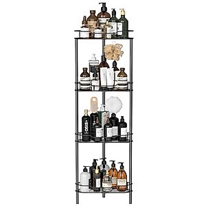 Hleelomi 4-Tier Corner Free Standing Shower Caddy Organizer Rack with Hooks, Adhesive-Fixed Floor Shower Tower Shelf, Black