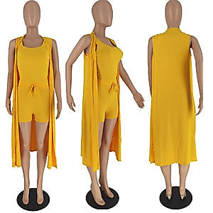 EQQZD 3 Piece Outfits for Women Vest Cardigan Crop Tank Top Shorts Sets Summer Ribbed Knit Lounge Pajama Set Yellow XL