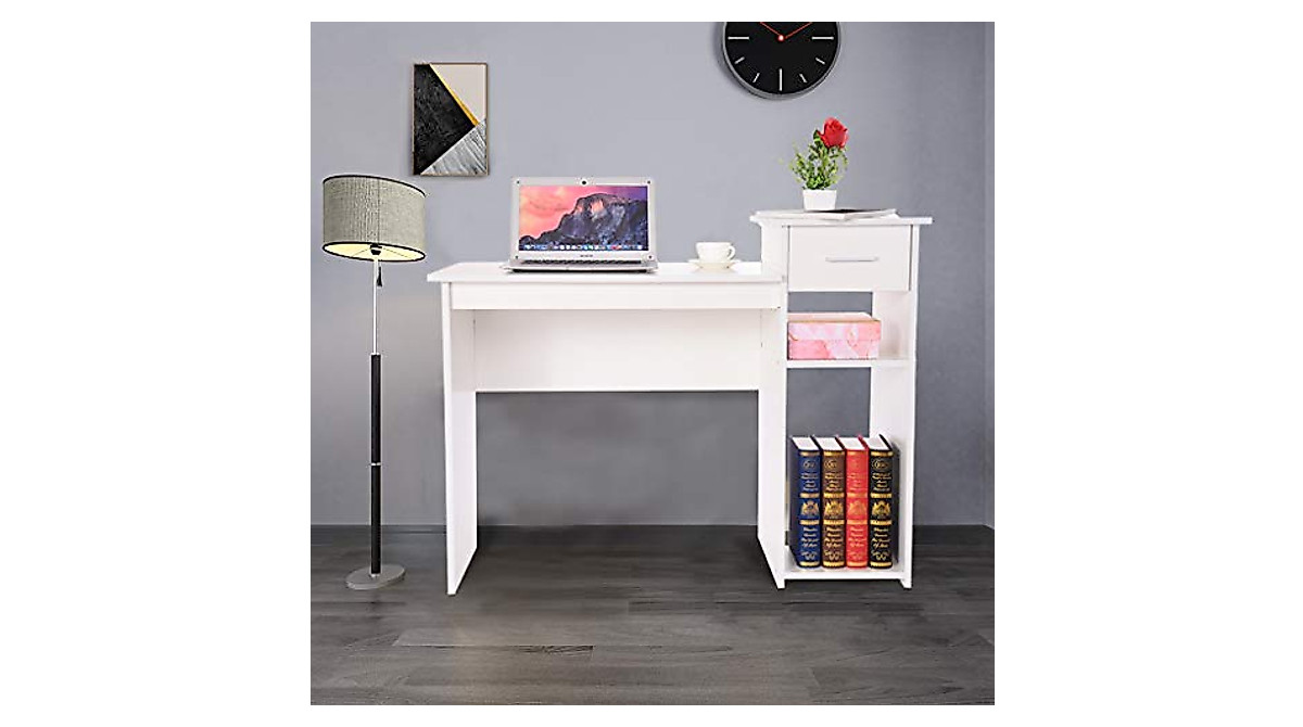 41" Modern White Computer Desk with Storage Shelves & Drawers
