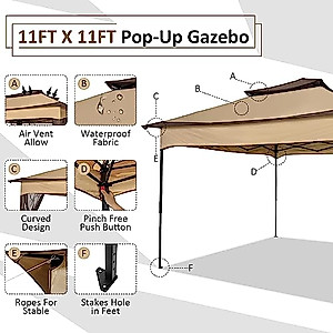 HOTEEL Pop Up Gazebo with Mosquito Netting 11x11 Canopy Instant Gazebo Tent Outdoor Gazebos for Patios Waterproof Vented Roof Screen Gazebos for Backyard, Lawn,Garden, Base 10X10, 121ft² of Shade