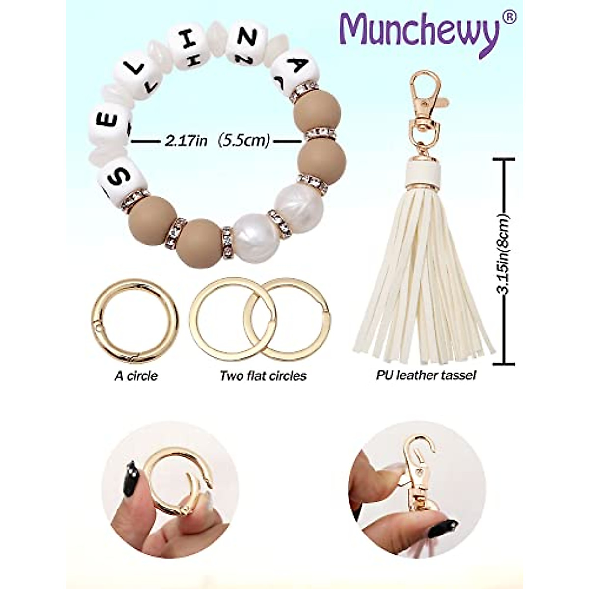 Munchewy Personalized Key Ring Bracelet Wristlet Keychain with Name, Car Keychain Holder Silicone Beaded Bracelet Keychain Bangle Chains with Leather Tassel Keyrings for Women(Lilac Daisy)