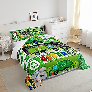 Cartoon Garbage Truck Bedding Comforter Sets Twin,Colorful Trash Can Cute Green Cars Trees Bedding Set for Bedroom,Watercolor Abstract Stripes Geometric Art with 1 Comforter and 1 Pillowcase