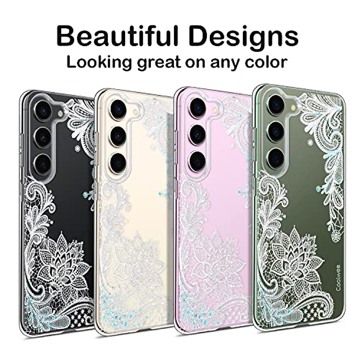 Coolwee Clear Glitter for Samsung Galaxy S23 Case, 6.1 inch, Anti Yellowing Military Grade Drop Protection Shockproof Flower Slim Crystal Bling Lace Floral Hard PC Soft TPU Bumper Cover Mandala Henna