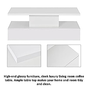 Merax 47.2'' 2-Tier LED Light White Coffee Table, Modern Industrial Design Cocktail Table with 16-Color LED Lighting and a Remote Control for Livingroom