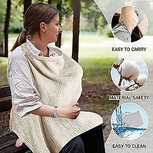 HealthSTEC Baby Nursing Cover - 360° Full Privacy Breathable Cotton Built-in Burp Cloth & Pocket - Versatile Cover for Breastfeeding Car Seat Shopping Cart Stroller (Khaki)