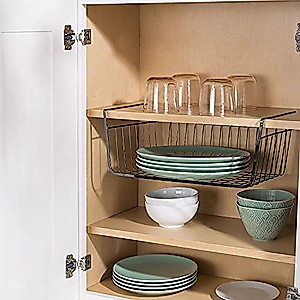 Tebery 2 Pack Black Under Shelf Wire Basket, Hanging Storage Baskets Under Cabinet Add-on Storage Racks, Slide-in Baskets Organizer for Kitchen Pantry Desk Bookshelf