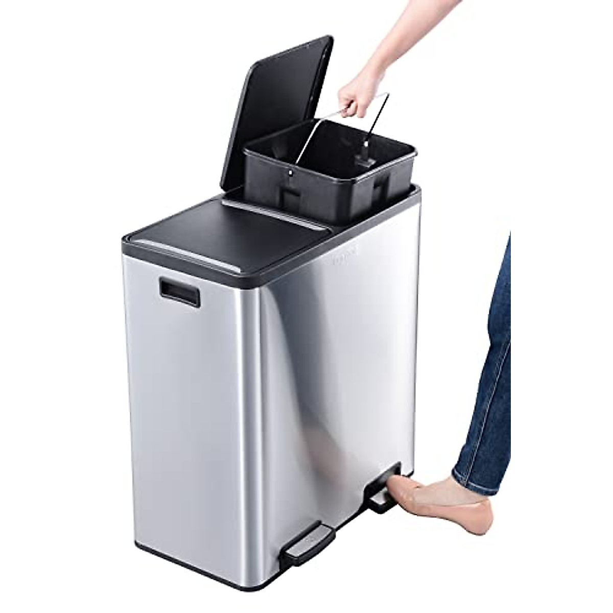 The Step N' Sort 18.5 Gallon Extra Large Capacity, Soft-Step, Dual Trash and Recycling Bin with Removable Inner Bins Silver