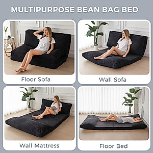 MAXYOYO Bean Bag Bed Folding Sofa Bed Floor Mattress for Adults, Extra Thick and Long Floor Sofa with Corded Washable Cover, Black, 30"x95"