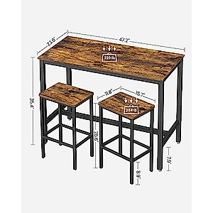 VASAGLE Bar Table Set, with 2 Bar Stools, Dining table set, Kitchen Counter with Bar Chairs, Industrial, Living Room, Party Room, Rustic Brown and Black ULBT15X