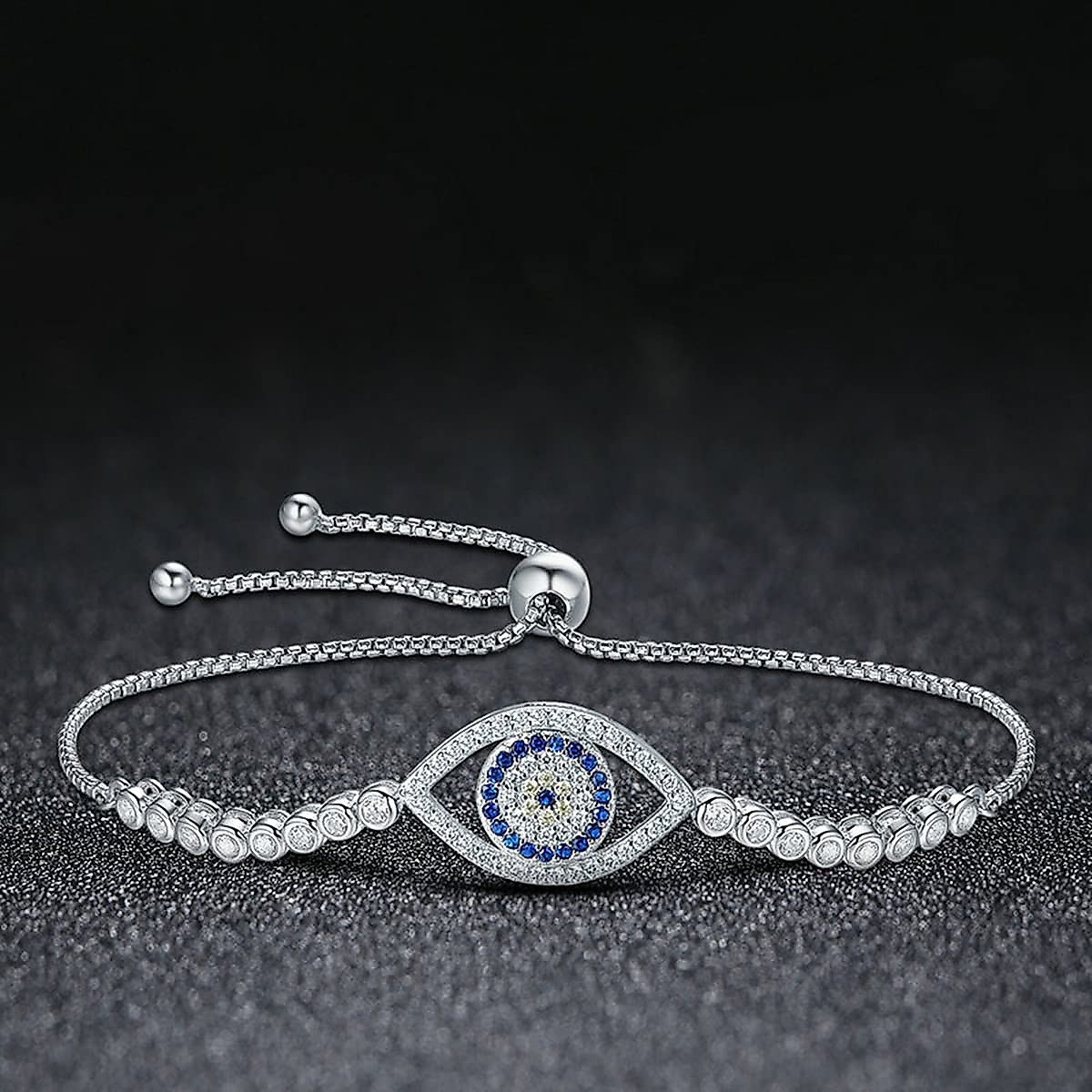 BISAER 925 Sterling Silver Blue Evil Eye Bracelet with Cubic Zirconia Adjustable Chain Bracelets for Women