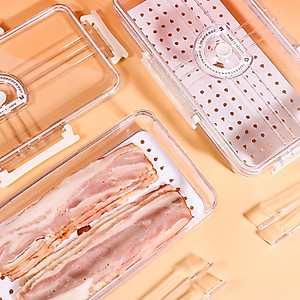 2 Pack Bacon Container with Lids for Refrigerator, Deli Meat Cheese Storage Container with Date Record, Bacon Tray Holder for Fridge, Bacon Saver Keeper with Food Serving Tongs and Drain Plate