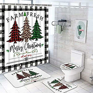 Likiyol 4 Pcs Merry Christmas Shower Curtain Sets with Non-Slip Rugs, Toilet Lid Cover and Bath Mat, Buffalo Plaid Shower Curtain with 12 Hooks, Winter Holiday Tree Shower Curtain