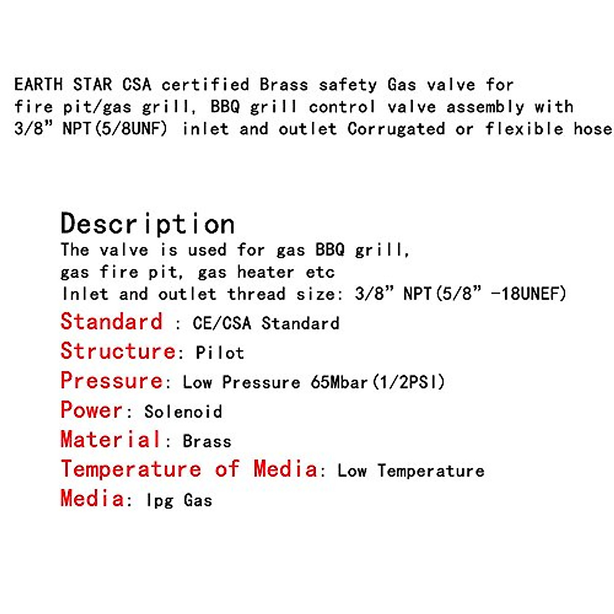 Meter Star CSA Certified Brass Safety Gas Valve for Fire Pit/Gas Grill, BBQ Grill Control Valve Assembly with 3/8" NPT(5/8UNF) Inlet and Outlet Corrugated or Flexible Hose