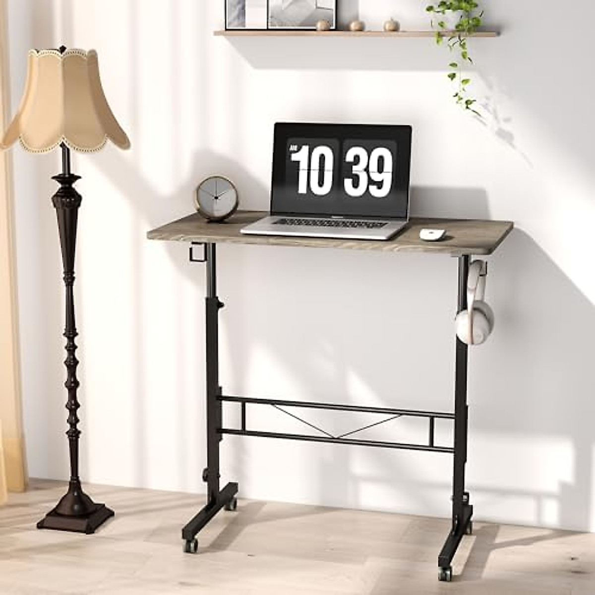 SIDUCAL Mobile Stand Up Desk, Adjustable Laptop Desk with Wheels Storage Desk Home Office Workstation, Rolling Table Laptop Cart for Standing or Sitting, Rustic Gray