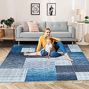 RUGSREAL Washable Area Rug for Living Room Contemporary Tile Trellis Floorcover Indoor Carpet Geometric Boho Trellis Distressed Accent Area Rugs for Bedroom, Home Office, Blue, 5 x 7 Feet