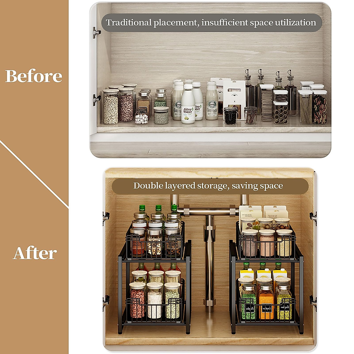 SILUB Under Sink Organizer, 2-Tier Pull Out Cabinet Organizer, Kitchen Bathroom Organizer and Storage, Spice Rack for Kitchen, Multi-use Sliding Drawers Shelves (1 Pack)