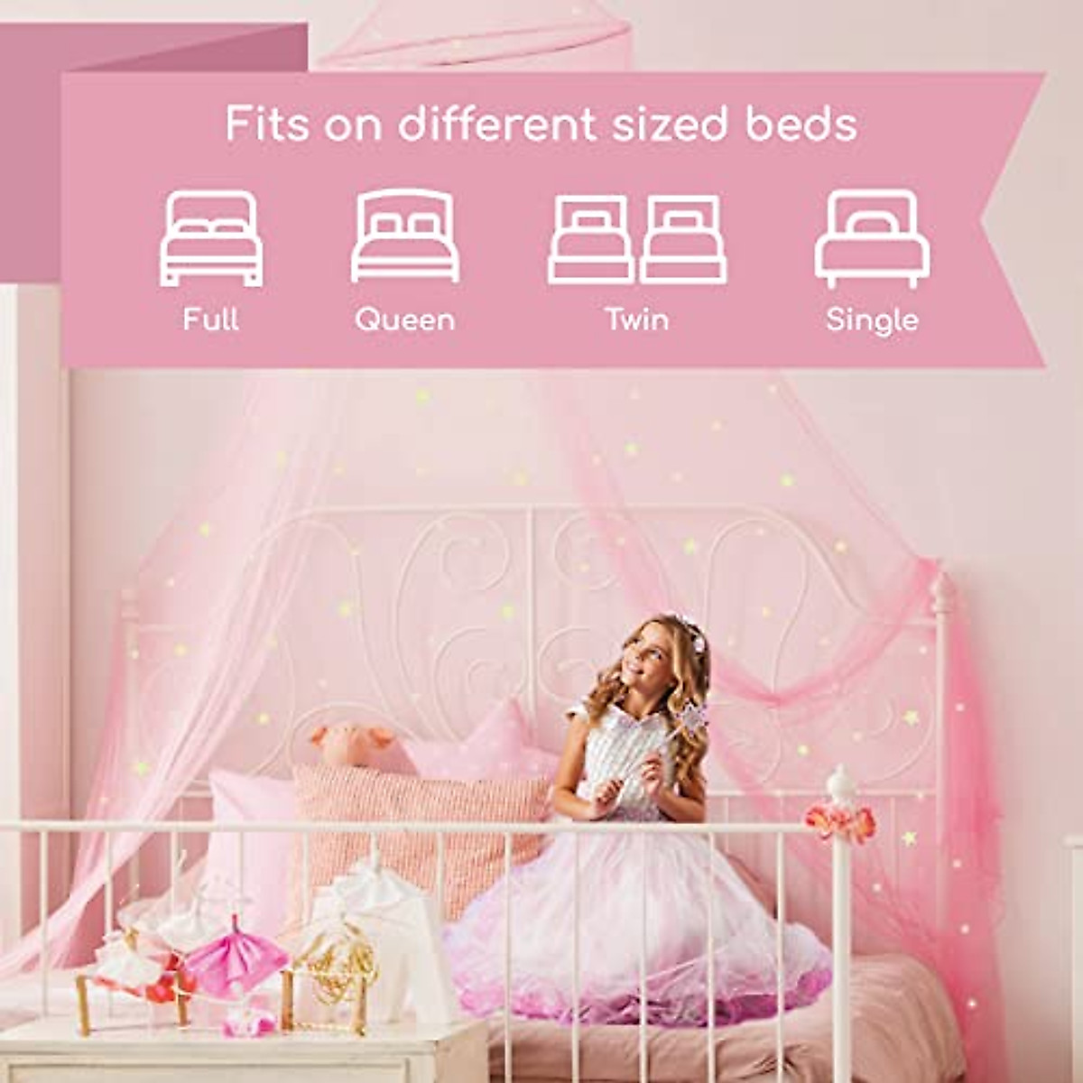 Bollepo Pink Bed Canopy for Girls with Glowing Stars - Princess Crib Netting Room Decor, Ceiling Tent to Cover Toddler Crib | Single, Twin, Full, Queen Size Kids Bed Curtains, Fire Retardant Fabric