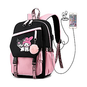 Cihuiung Cute Cool Backpack for Teens Girls, Kawaii Backpack with Kawaii Pins Accessories, Backpack Bookbag Outdoor Daypack with USB Charge Port (21 Liters, Black Pink)
