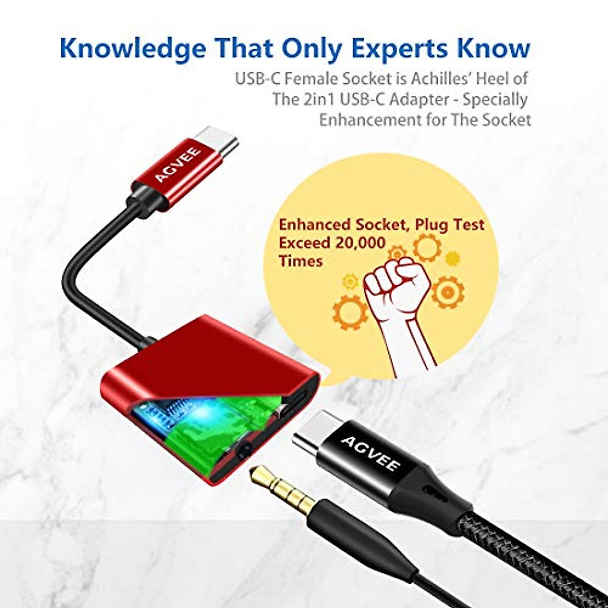 AGVEE 2-in-1 USB-C to 3.5mm Microphone Headphone Adapter, Type-C Mic AUX Earbud Splitter, USBC Audio Earphone Converter, PD 27W Charger Dongle for Samsung S21 S20 Note 20/10, iPad Pro, Pixel, Red