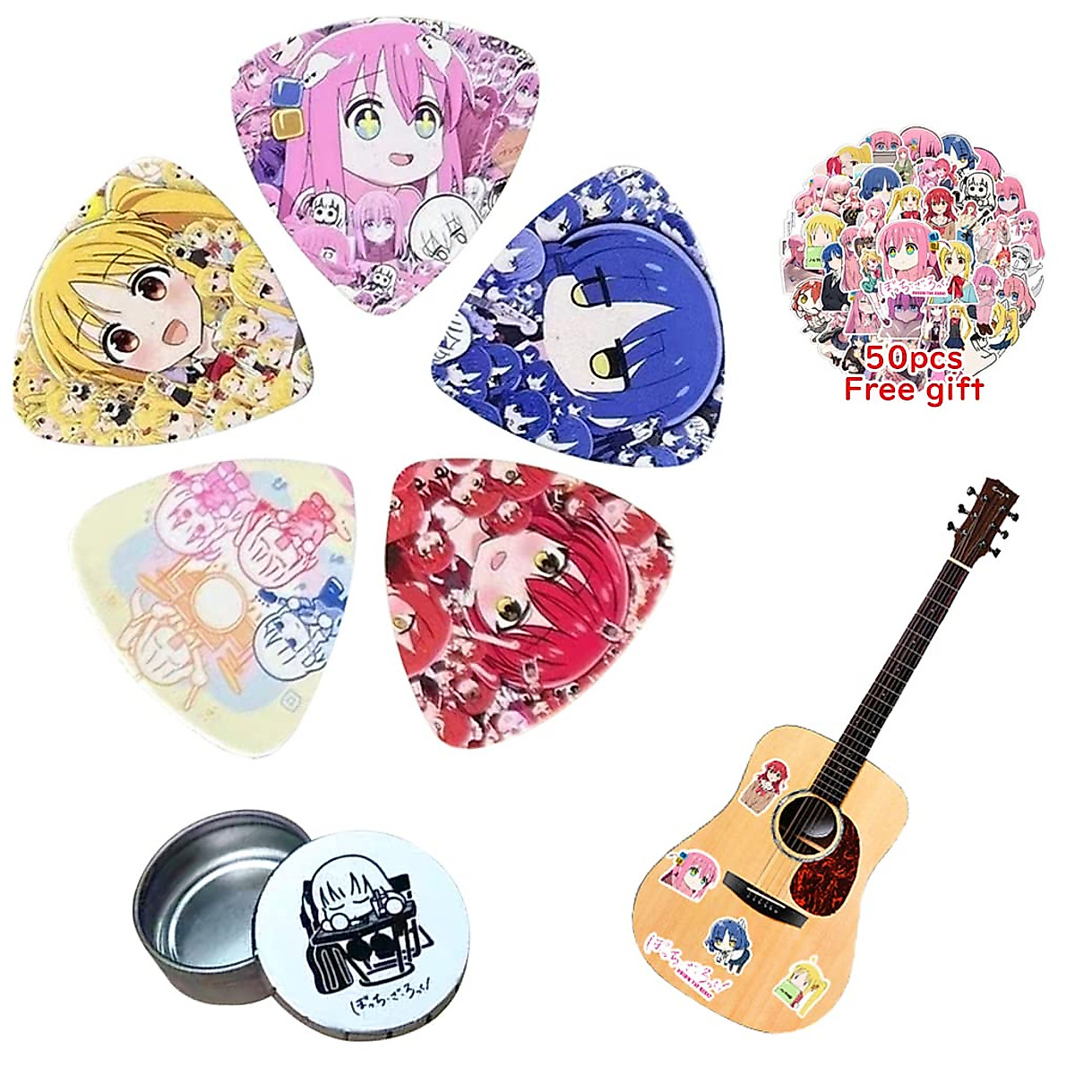 Bocchi the Rock Guitar Pick 5 Pack Kessoku Band Guitar Picks Hitori Gotoh, Free Stickers and Storage Box (A)