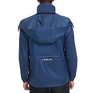 KPSUN Men's Rain Jackets Waterproof Lightweight Windbreaker Packable Cycling Running Raincoats with Removable Hood (Blue XXL)