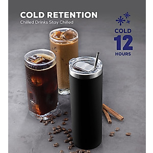 FineDine Insulated Skinny Stainless Steel Tumbler Set - 4-Pack 20oz Tumbler with Straw - Travel Coffee Mug With PBA Free Lids - Slim Vacuum Keep Hot & Cold - For Home, Office. (Inky Raven Black)
