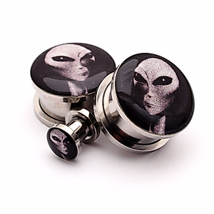 Mystic Metals Body Jewelry Screw on Plugs - Alien Picture Plugs - Sold As a Pair (10g (2.5mm))