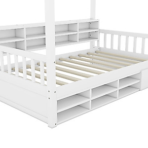 VilroCaz Twin Size House Bed with Shelves and a Mini-Cabinet, Wood Kids Platform Bed Frame with Sturdy Slats Support, Playhouse Design Daybed for Kids Teens Girls Boys (White-3tw)