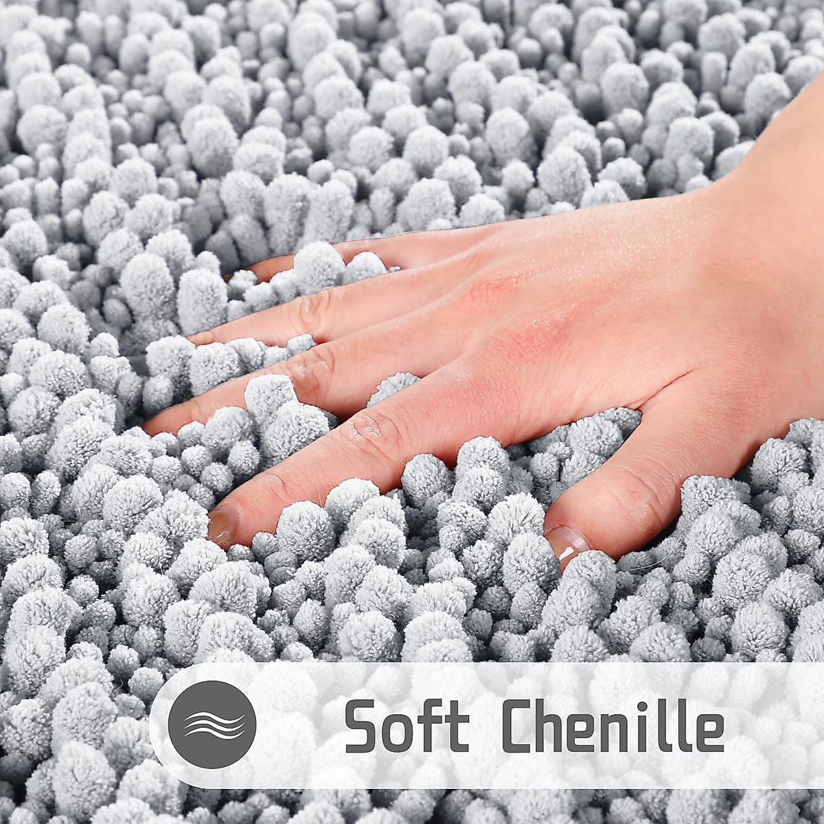 Yimobra Bath Rug Mat, 32 x 20, Soft Shaggy Non-Slip Chenille Bathroom Rugs, Large Size, Super Absorbent and Thick, Machine Washable Bathroom mat, Tub and Shower, Home Decor Accessories, Silver