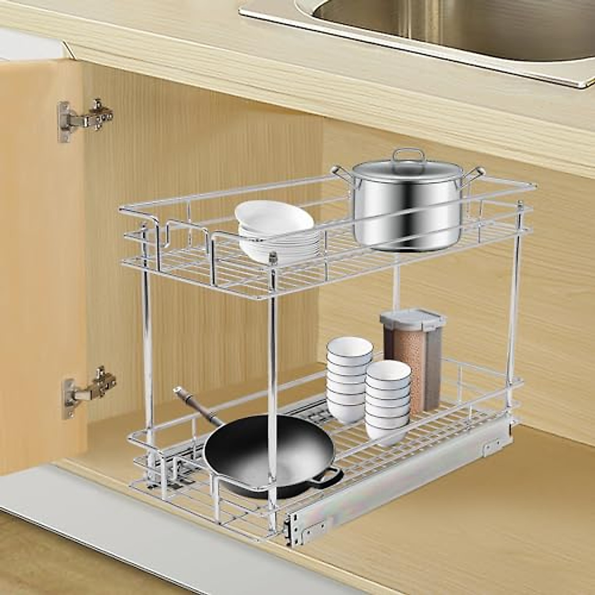 Pull Out Cabinet Organizer, 2-Tier Cabinet Pull Out Shelves Kitchen Cabinet Organizer Storage Kitchen Cabinet Pull Out Shelf and Drawer Organizer Slide Out Drawer Pantry Shelf (Silver, 10.5x21.5in)