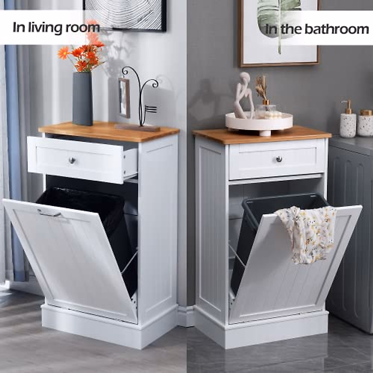 EROMMY Tilt Out Trash Cabinet, Wooden Kitchen Trash Can Free Standing Waste Bin, Recycling Hideaway Garbage Can Holder with Drawer and Removable Bamboo Cutting Board, White