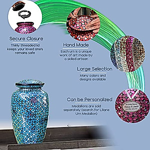 Mosaic Glass Cremation Urn - Hand Made Funeral Urn for Human Ashes - Large Adult Size Burial Urn - Aluminum with Hand applies Individual Tiles Create a one of a Kind Work of Art - 200 cu in (Blue)