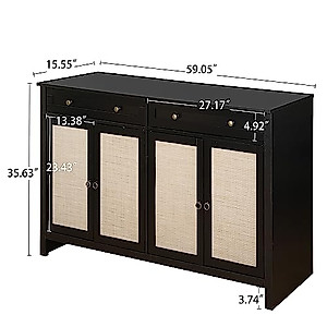 Black Sideboard Buffet Cabinet, Rattan Storage Cabinet Console Table, Buffet Server Bar Cabinet with 4 Doors, 2 Drawers and Adjustable Shelves for Living Room, Bedroom, Hallway, Kitchen, Entryway