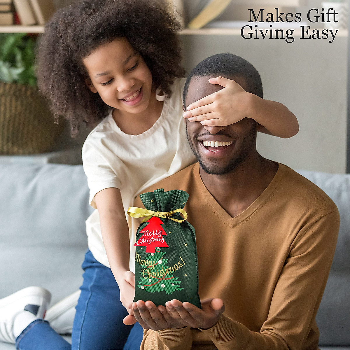 Fabric Gift Bags for Presents - 6 Pcs Large Reusable Christmas Bags with Drawstring (Green Xmas Tree Assorted)