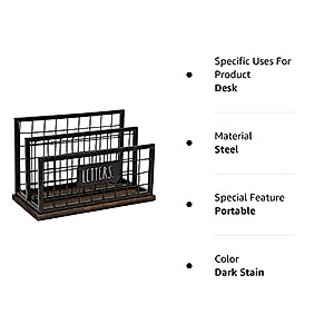 Rae Dunn Desktop Letter Holder – 2 Compartment Mail and Stationary Table Top Organizer – Chic and Stylish Galvanized Steel and Solid Wood - “Letters” Print - for Home and Office