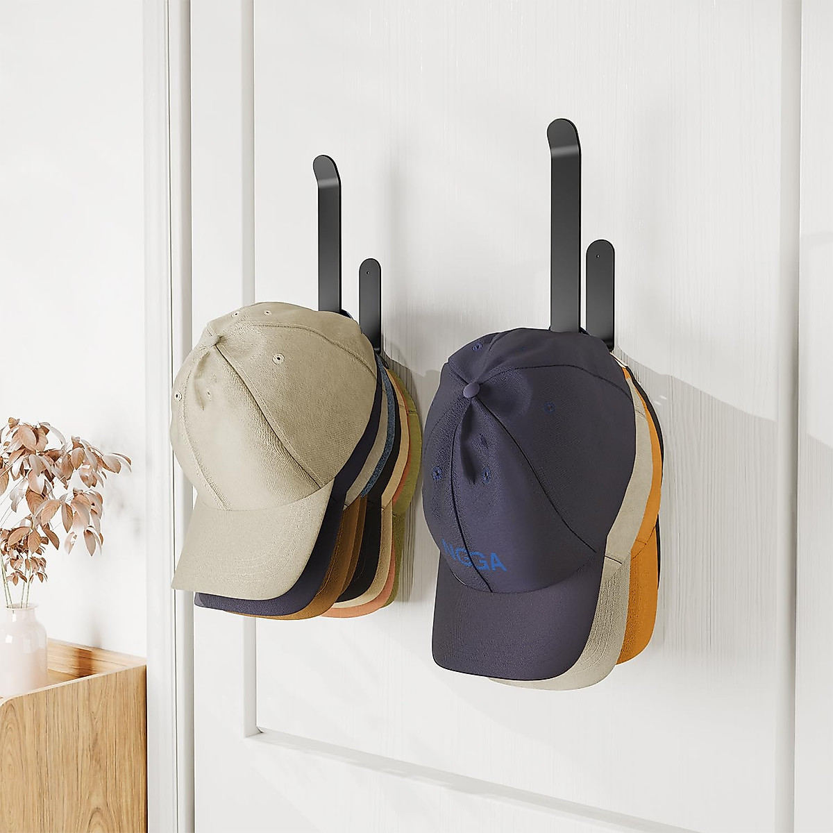 songsoso Hat Wall Racks for Baseball-Cap Organizer : Large Size Aluminum Alloy Adhesive Hooks - Holds Up to 10 Caps, Ideal for Hats, Scarves, Bath Towel, Bags (2 Pack)